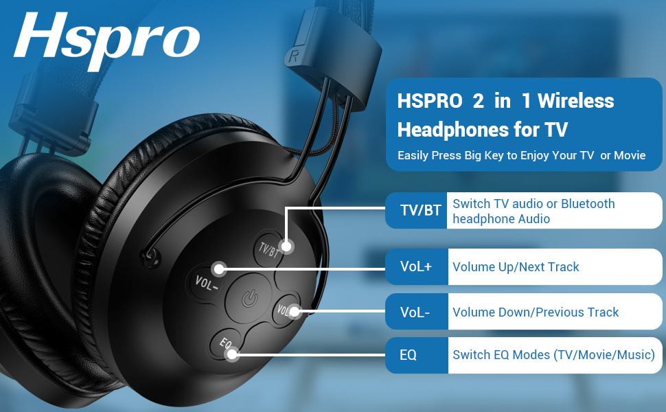 Hspro Wireless Headphones for TV Watching with Transmitter, 295FT Range ...